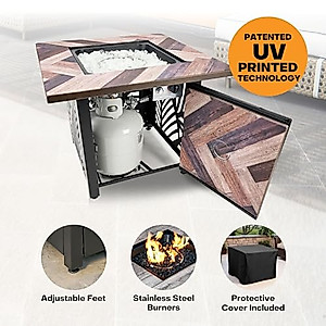Endless Summer Darby 30 Inch Square Outdoor UV Printed 50,000 BTU LP Gas Fire Pit​ Table with Faux Wood Mantel and Stamped Steel Base
