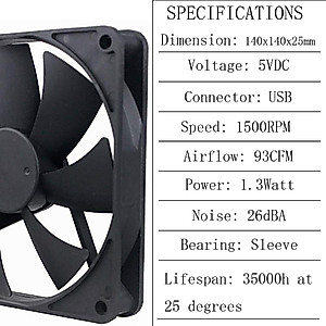GDSTIME 140mm x 140mm x 25mm 5V USB DC Brushless Cooling Fan