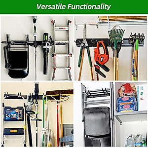PIYILO Garage Organization, Garage Wall Organizer with 48 inches Rails and 6 Hooks, Tool Organizers Heavy Duty, Shovel Holder Wall Mount Max Load 360 LBS, Sturdy Garden Tool Rack for Folding Chairs