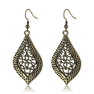 MJartoria Antique Teardrop Hook Dangle Earrings with Filigree Flower Pendant Lightweight Drop Earrings for Womens Hammered Earrings Indian Vintage Bohemian Jewelry
