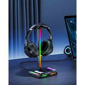 New bee RGB Headphone Stand with 2 USB-C & 1 USB Charging Ports, Desk Gaming Headset Holder with 7 Light Modes and Non-Slip Rubber Base Suitable for All Earphone Accessories