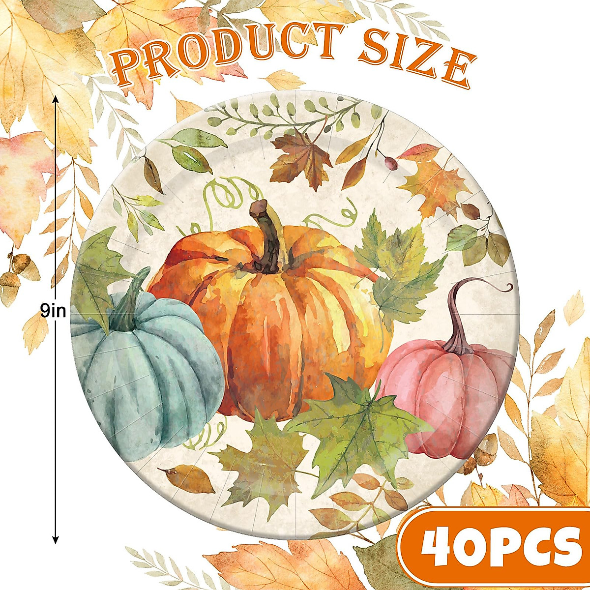 AnyDesign 40Pcs Thanksgiving Fall Paper Plates Watercolor Pumpkins Round Disposable Plates Retro Pumpkin Harvest Design Plates for Fall Theme Party Holiday Banquet Dinnerware Supplies
