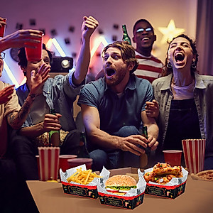 100 Pcs Movie Night Party Supplies Carnival 2 lb 50 Movie Paper Food Tray Party Bowl with 50 Waxed Deli Paper for Movie Decorations Movie Serving Tray Snack Popcorn Holder Assembled(Movie Style)