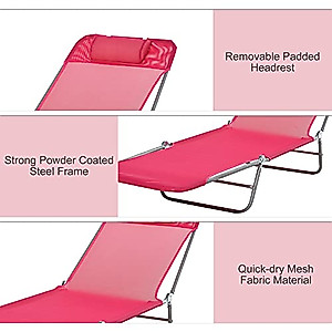 Outsunny Folding Chaise Lounge Chair, Pool Sun Tanning Chair, Outdoor Lounge Chair with Reclining Back, Breathable Mesh Seat, Headrest for Beach, Yard, Patio, Pink