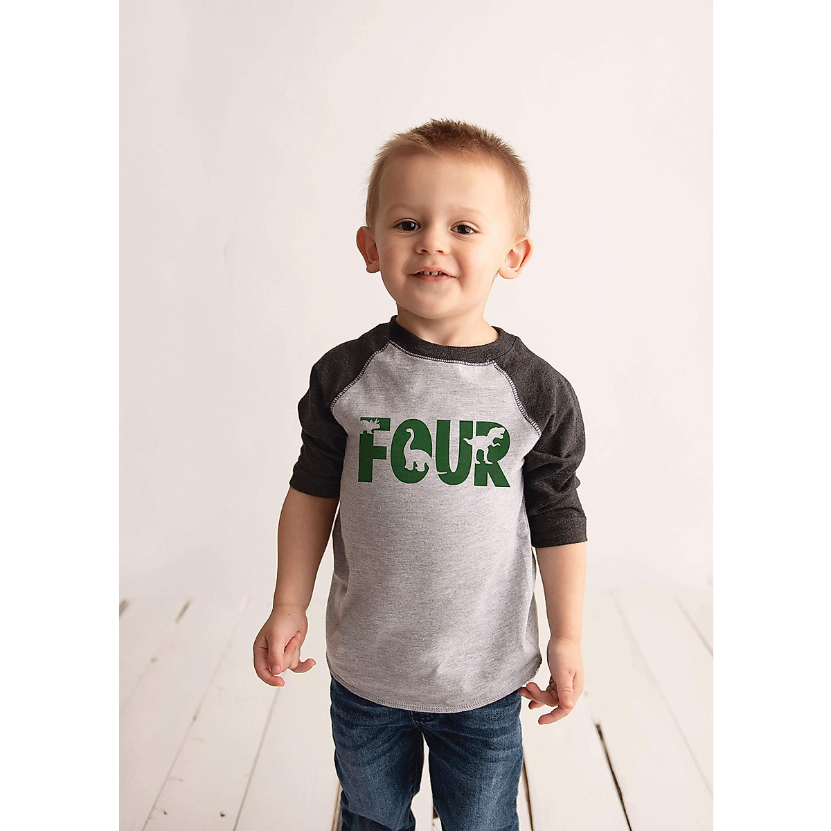 7 ate 9 Apparel Four 4 Fourth 4th Birthday Dino Dinosaur Grey Baseball Shirt T-Shirt 4T