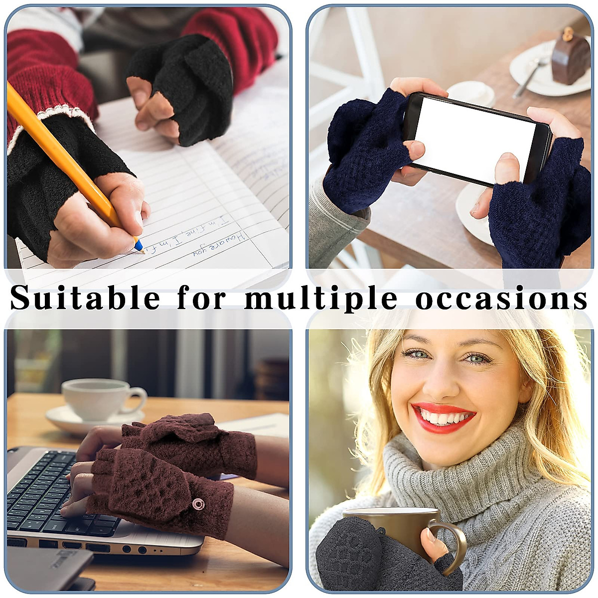 Zhanmai 6 Pairs Womens Fingerless Gloves with Finger Flaps Winter Knitted Convertible Mittens Half Cover Flip Top Mittens (Mixed Colors)