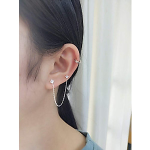 4 Prong CZ Round Stud With Chain Cuff S925 Sterling Silver Earrings for Women Cartilage Double Piercing Holes Fashion Chic Minimalist Climber Crawler Threader Tiny Small Studs Hypoallergenic Gifts (silver)