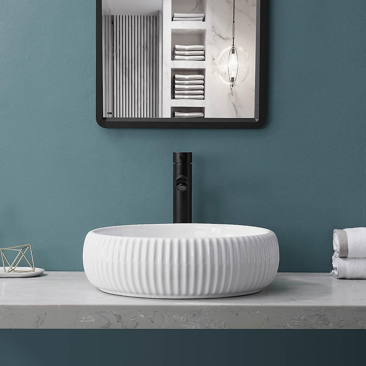 Davivy 16.5'' Round Vessel Sink with Pop Up Drain,Bathroom Vessel Sinks,Round Bathroom Sink,Ceramic Vessel Sink,Bathroom Sinks Above Counter,White Vessel Sink,Counter top Sink,Round Sinks for Bathroom