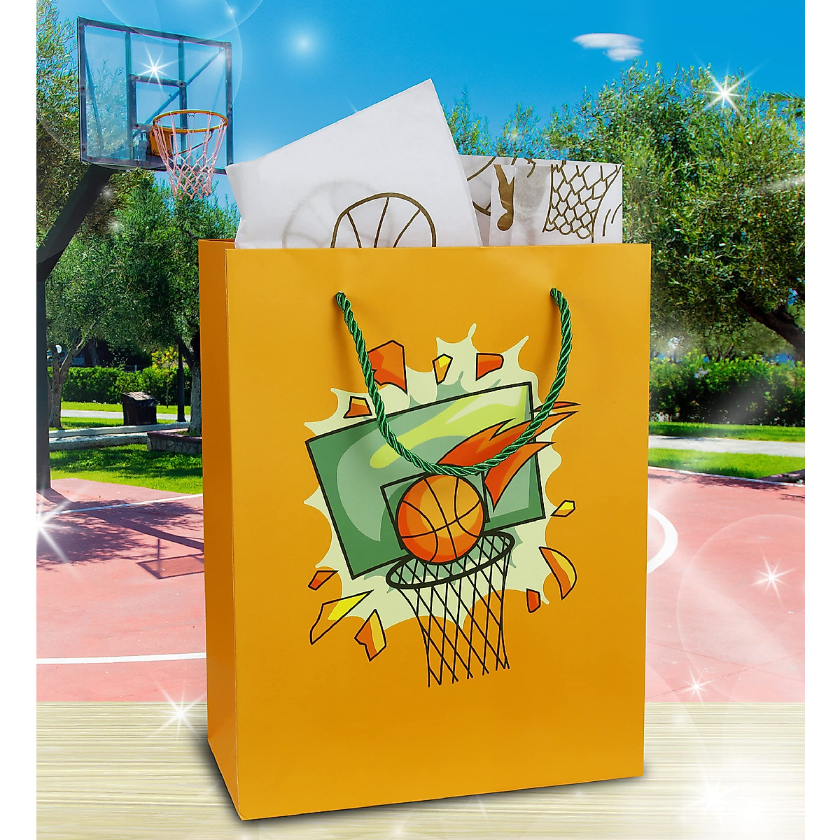 CoTa Global Basketball Gift Bag with Tissue Paper - Premium Large Gift Bag with String Handles, Reusable Orange Basketball Sport Gift Bag and Tissue Paper Set for Birthday and Occasions - 13 Inch