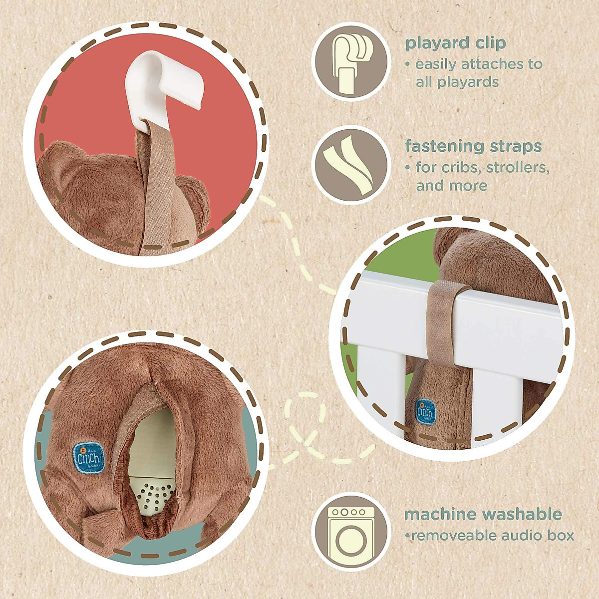 Cinch by dexbaby Plush Mini Bear - Sleep Aid Womb Sound Soother w/ Playard and Crib Attachment