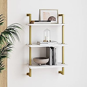 Nathan James Theo 3-Shelf Small Bookcase, Floating Wall Mount Bookshelf with Wood and Industrial Pipe/Metal Frame, White/Brass Gold