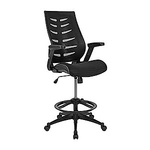 Flash Furniture High Back Black Mesh Spine-Back Ergonomic Drafting Chair with Adjustable Foot Ring and Adjustable Flip-Up Arms