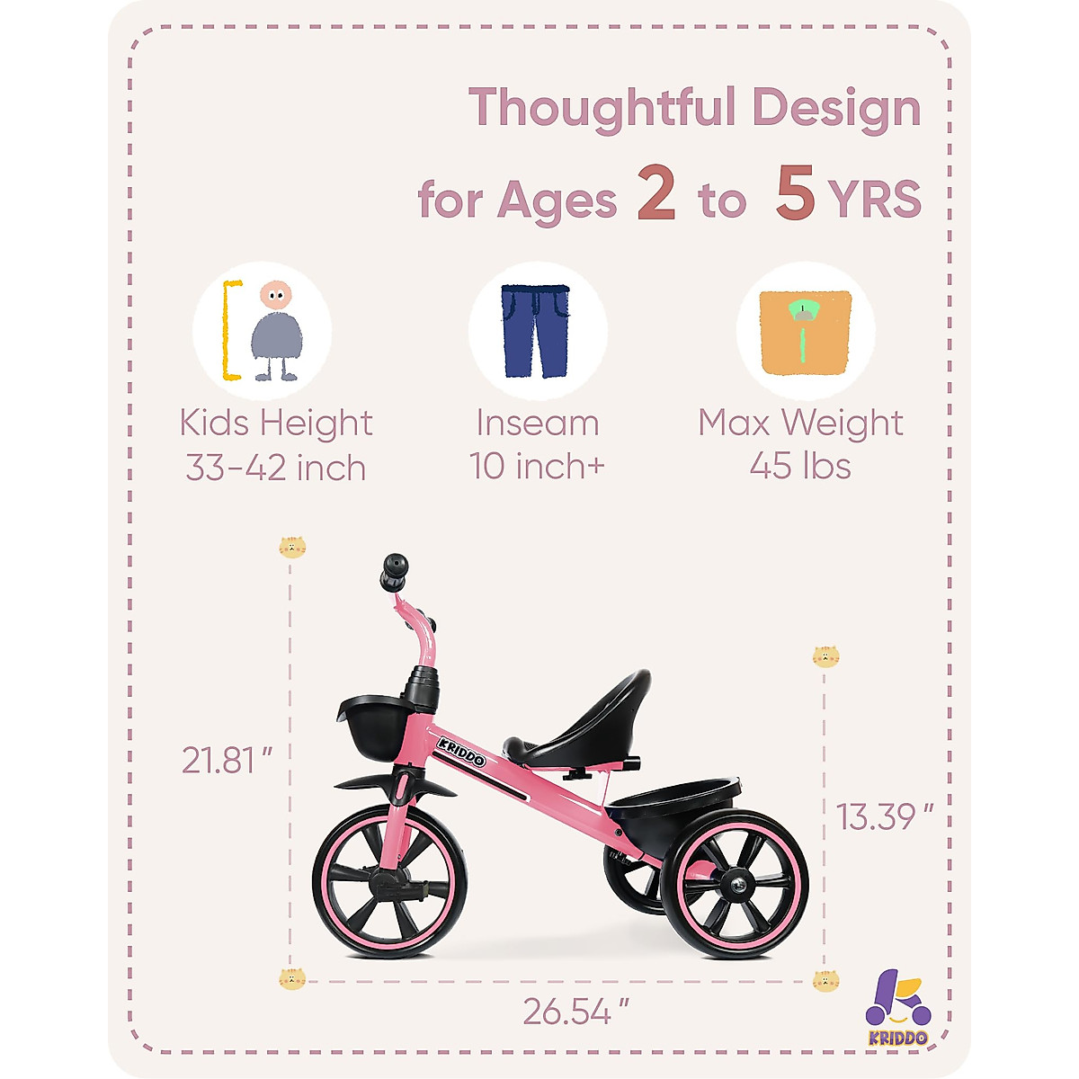 KRIDDO Tricycle for 2-5 Year Olds - Pink Toddler Trike With Gift for 24 Month to 4 Year Old Girls