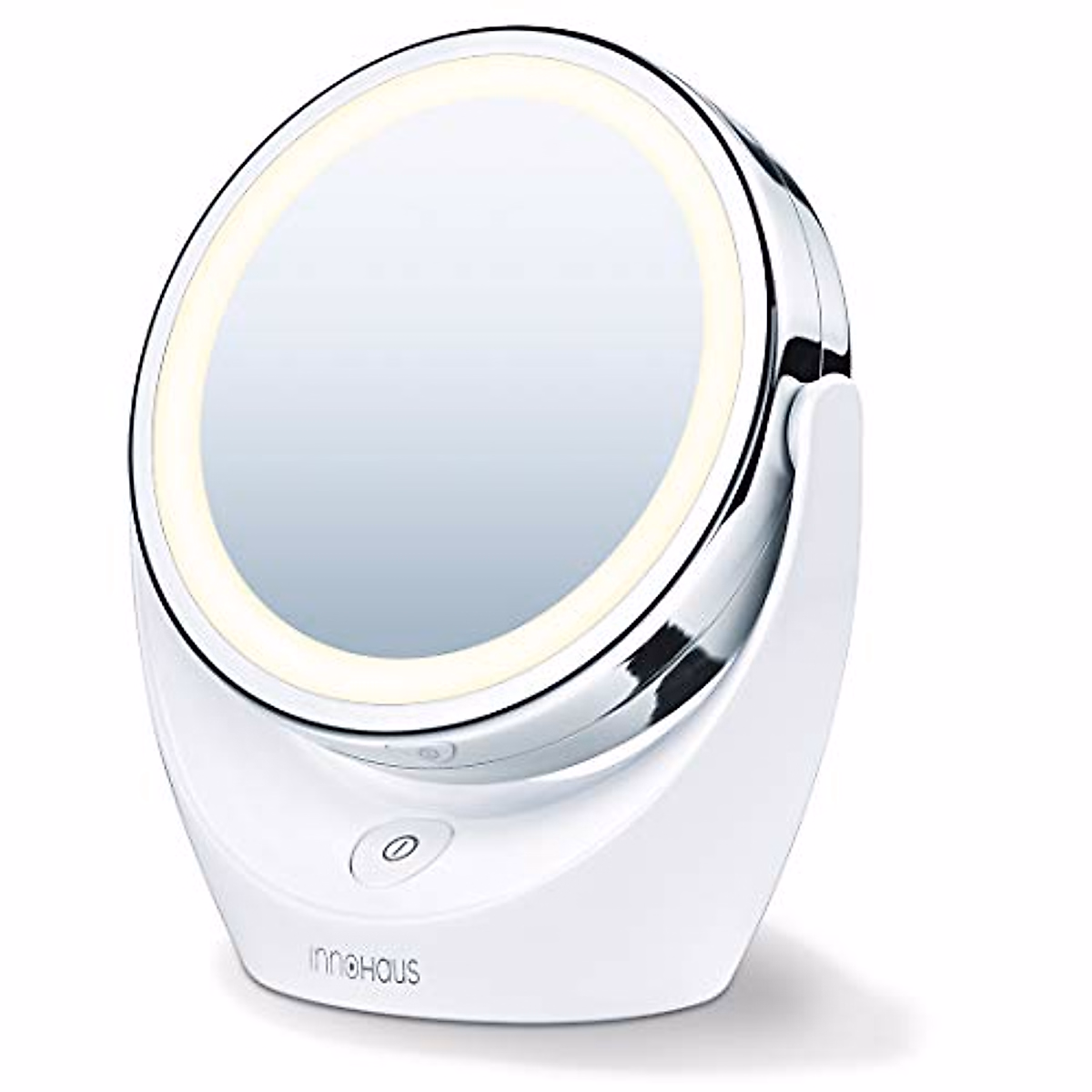 5x Magnifying Double-Sided Cosmetic Vanity Makeup Mirror Illuminated LED Lights, 360° Degree Swivel Rotation, On/Off Button, Chrome Finish, Cordless, Batteries Included, ABS49