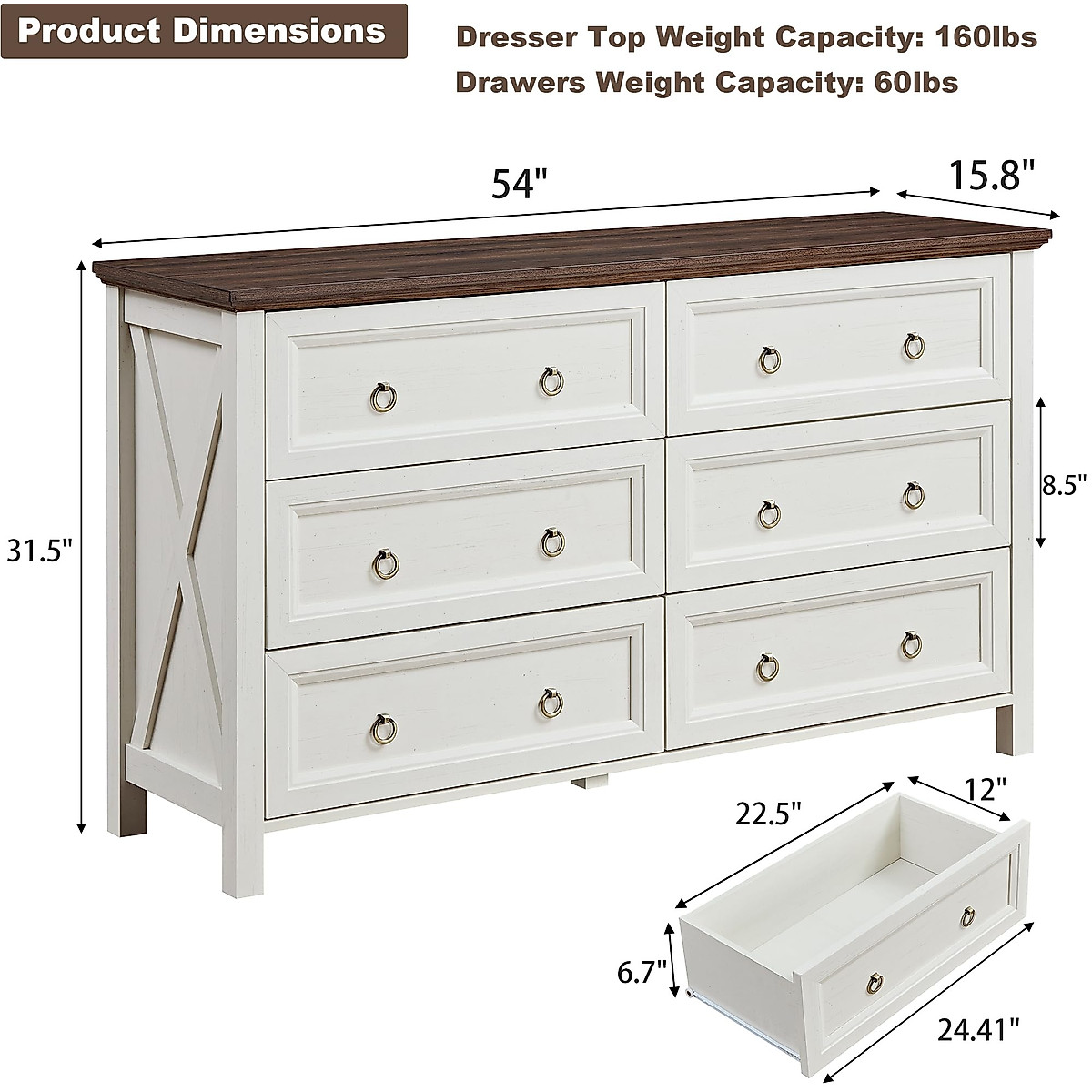 OKYCI Farmhouse 6 Drawer Dresser for Bedroom, Double Wood Chest of Drawers with 1.2" Thickened Top - 54" W x 31.5" H, Antique White