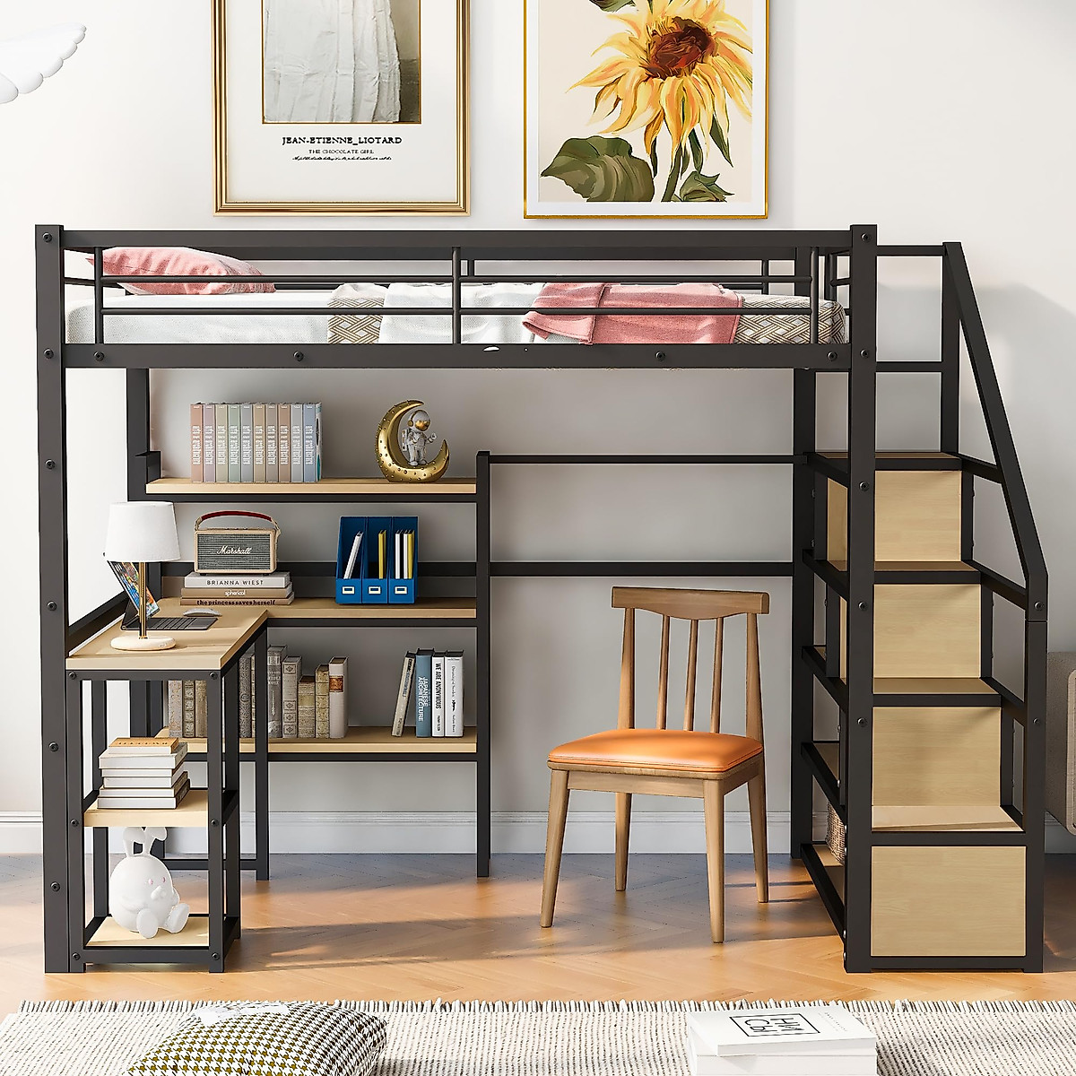 MiHunnor Metal Full Size Loft Bed with Built-in Desk, Multi-Functional Loft Bed with Storage Shelf and Storage Staircase, Space-Saving Design Loft Bed for Bedroom