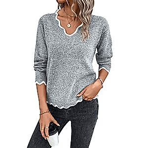 SweatyRocks Women's Long Sleeve V Neck Ribbed Knit Top Scallop Trim Drop Shoulder Pullover Sweater Light Grey M