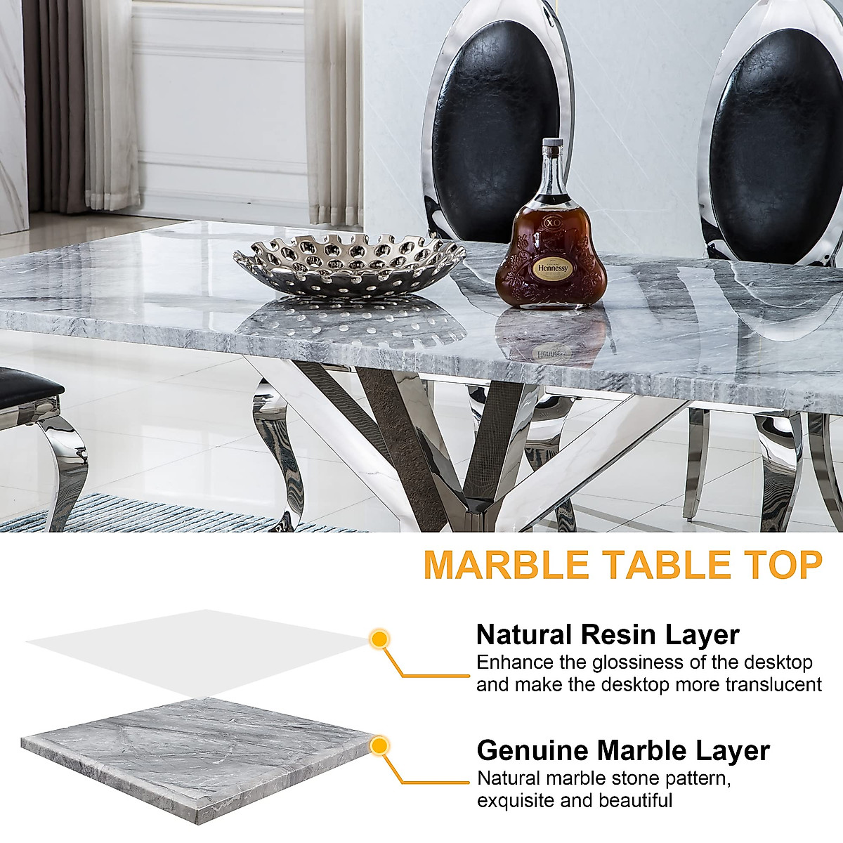 Pvillez Grey Marble Dining Table for 8-10 Person, 78" Rectangle Marble Top Dining Table with Gloss Silver Stainless Steel Pedestal Base, Mid Century Modern Dining Table for Kitchen Dining Room Dinner