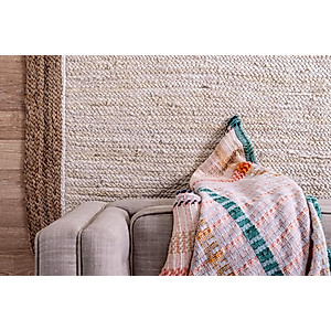 Unique Loom Braided Jute Collection Classic Quality Made Natural Hand Woven with Solid Color Detail, Area Rug, Rectangular 5' 0" x 8' 0", White/Beige