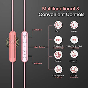 JAAMIRA Sports Wired Earbuds in-Ear Earphones with Microphone &Volume Control -Bass &Noise Isolation Over Ear Headphones with 3.5mm Jack -for Android Phone iPhone Computer Gaming Workout IPX4 Pink