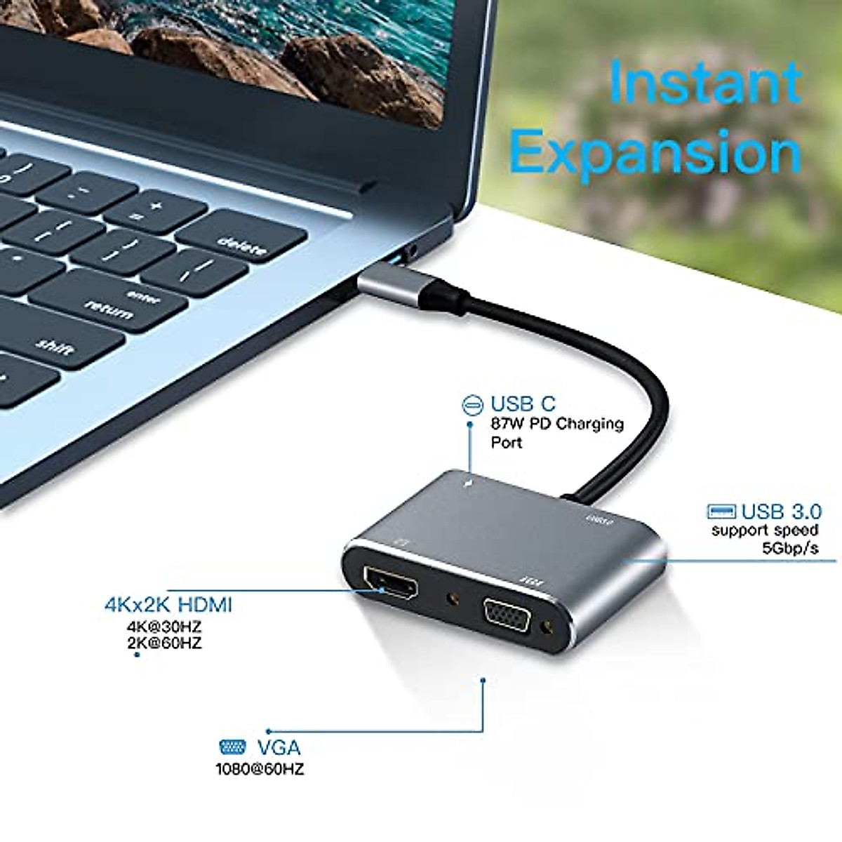 linkrider USB C Hub to HDMI VGA Multiport Adapter, 4-in-1 Hub USB 3.0 OTG Charging Power PD Port (Thunderbolt 3) Compatible for MacBook Pro/Air/ipad Pro 2018-2020/Dell XPS/Nintendo Switch