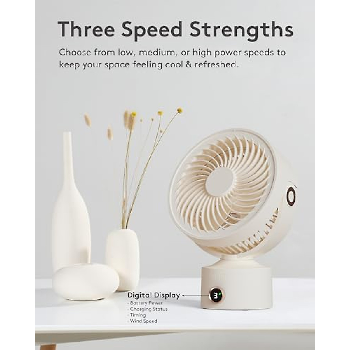 CARONSORT Desk Fan, Small Oscillating Fan for Bedroom, 9 Inch Table Fans Quiet,Desk Air Circulator Fan with 3 Speeds, 4H Time, Rechargeable Fan for Office/Dorm/Room-Beige