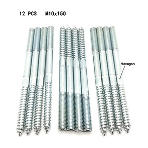 Haozheng Hanger Bolt M10x150 Silvery Double Headed Bolt Self-Tapping Screw with Hexagon for Furniture 12Pcs