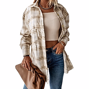 PRETTYGARDEN Women's Fall Clothes Plaid Shacket Jacket Trendy Casual Long Sleeve Button Down Flannel Shirts Fashion Blouse(Plaid Khaki,Medium)