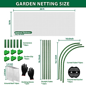 Garden Netting Kit, 10x30 Ft Pest Barrier Bird Ultra Fine Mesh Netting with 6Sets Garden Hoops & 36 Clips for Raised Beds, Garden Plants Net Protection for Vegetable Fruit Flowers Greenhouse Row Cover