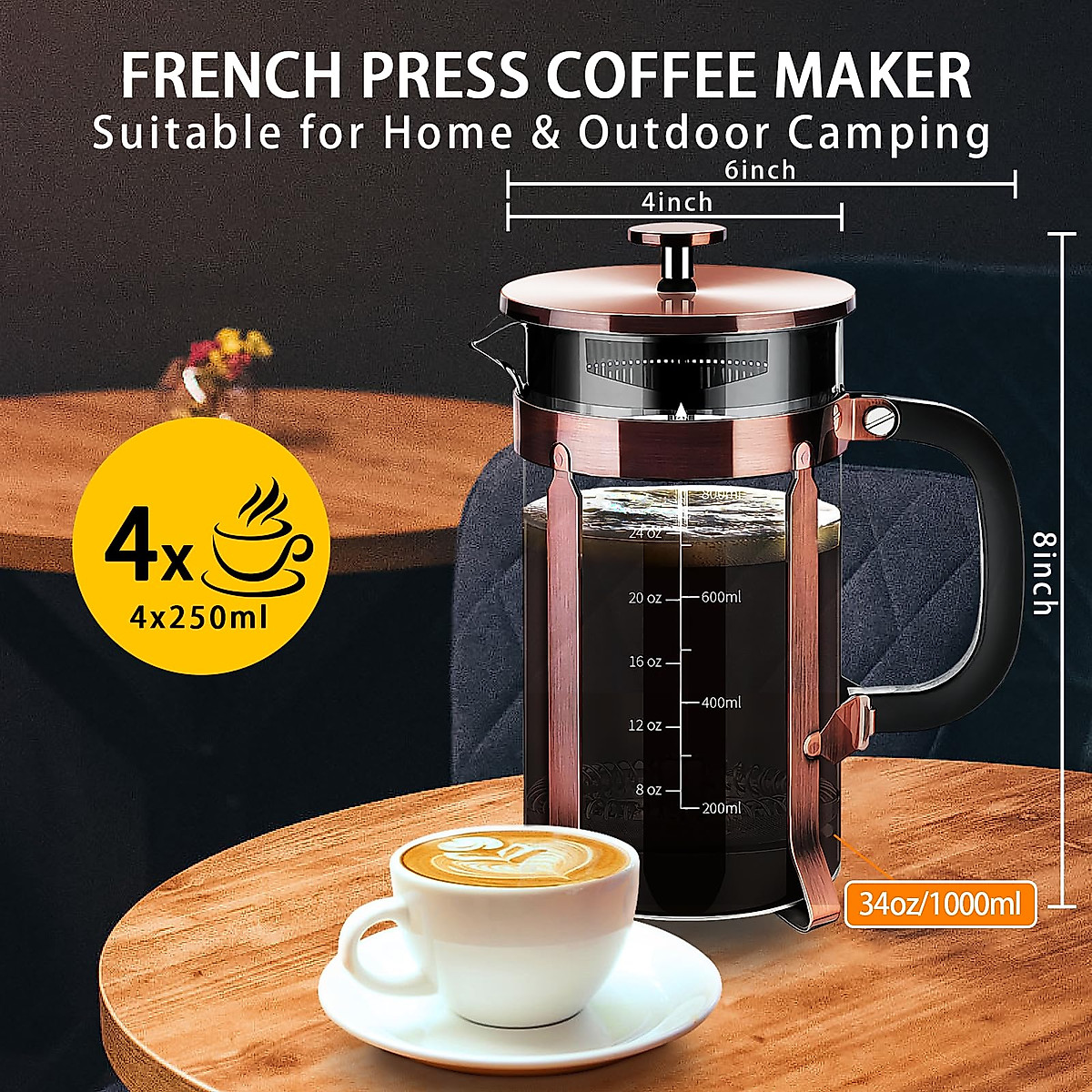YMMIND French Press Coffee Maker 304 Stainless Steel Coffee Press,with 4 Filters System, Heat Resistant Thickness Borosilicate French Press Glass, BPA-Free Brewed Tea Pot Coffee Plunger