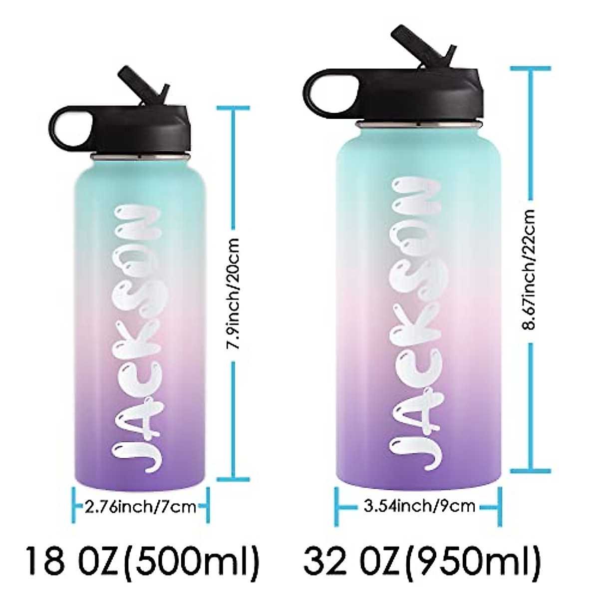 Personalized Insulated Water Bottles for Kids, 18oz/32oz Custom Name Stainless Steel Insulated Water Bottle with Straw Lid & Handle, Customized Gifts for Boys Girls Sports Water Bottle School-Soild
