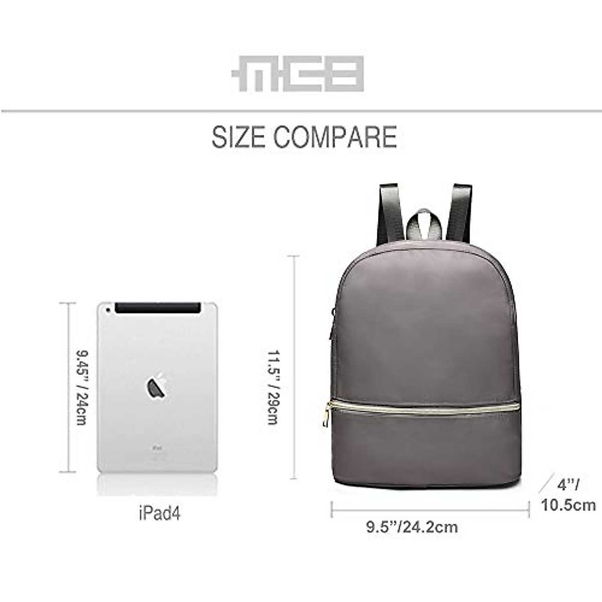 MEB My Ever Bag Lightweight 11.5" Nylon Mini Backpack for Women with hidden anti theft pocket on the back | waterproof | Mochila de Mujer (Gray)