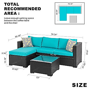 Walsunny Patio Furniture Set 3 Piece Outdoor Sectional Patio Sofa, All Weather Wicker Rattan Outdoor Furniture with Glass Table and Cushions(Black/Blue)