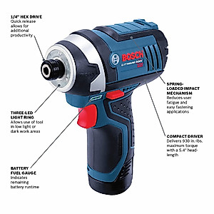 BOSCH PS41-2A 12V Max 1/4-Inch Hex Impact Driver Kit with 2 Batteries, Charger and Case,Blue