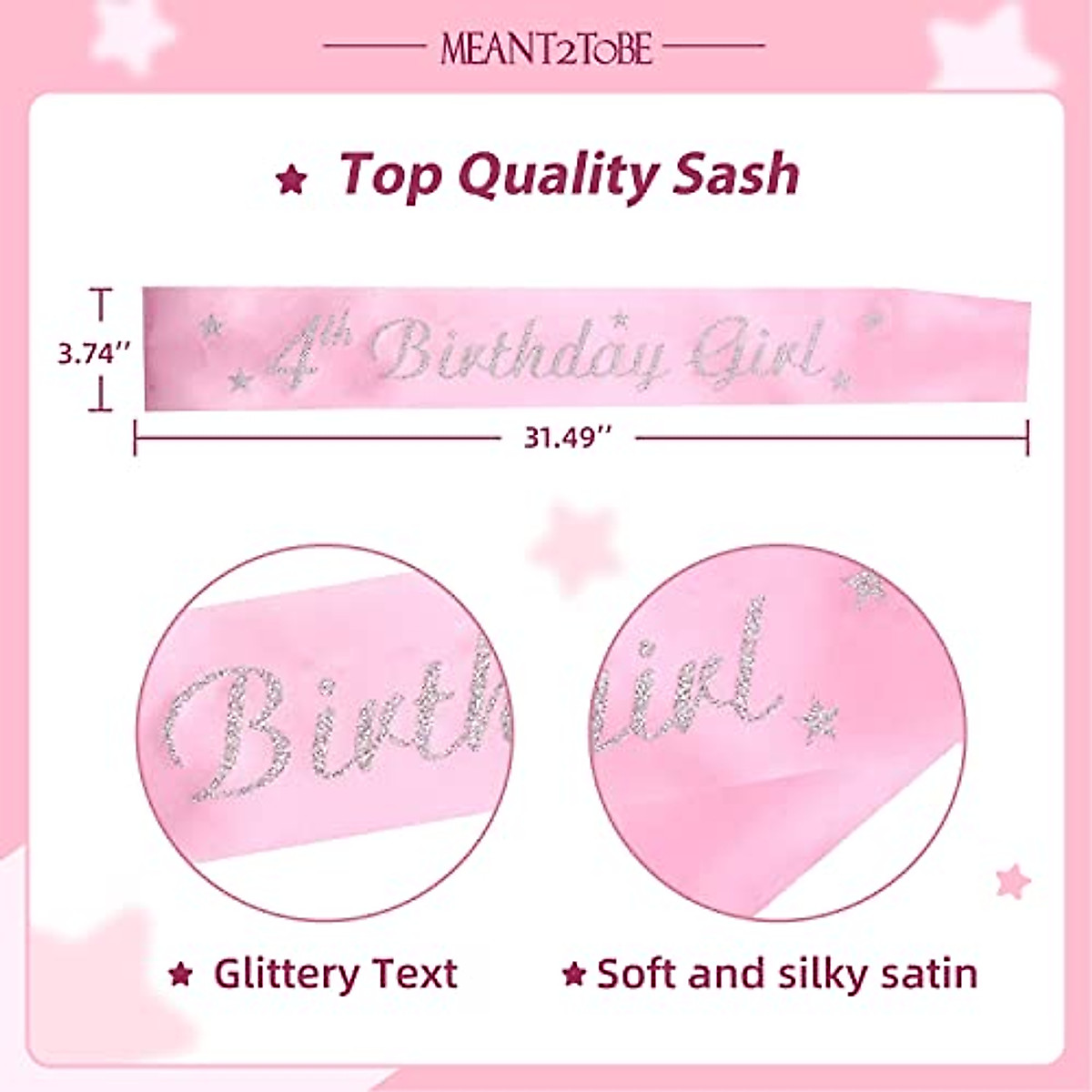 MEANT2TOBE 4th Birthday Sash and Tiara for Girls - Fabulous Glitter Sash + Stars Rhinestone Pink Premium Metal Tiara for Girls, 4th Birthday Gifts for Princess Party