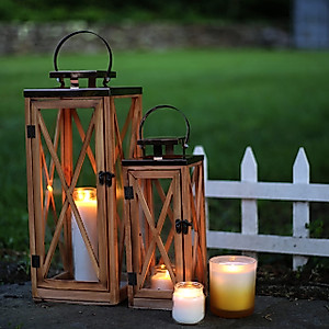 XRKITE Wooden Candle Lantern Decorative Set of 2, Patio Decor with Stainless Top and Glass Inserts, Hurricane Lantern Holder Decor for Indoor Outdoor, Home, Garden, Wedding (Small-Large Set)