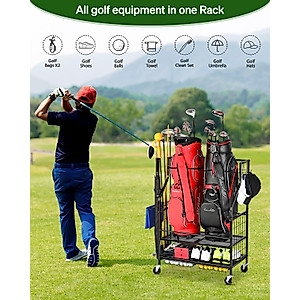 FHXZH Golf Bag Storage Garage Organizer- Golf Bag Stand Fit for 2 Golf Bags and Golf Clubs, Golf Balls, Golf Equipment Accessories, Extra Large Golf Bag Storage Rack for Garage, Club, Shed, Basement