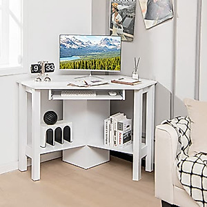 Tangkula Corner Desk with Keyboard Tray, Triangle Corner Computer Desk for Small Space, Bedroom Corner Makeup Vanity Desk with Storage Shelves, Space Saving Corner Writing Desk