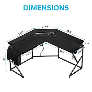 Fangflower L Shaped Computer LED Lights and Power Outlets, 51" Monitor Stand, Cup Holder, Corner Gaming Desk with Hooks for Home Office, Black