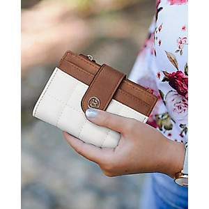 BOSTANTEN Small Wallet for Women Leather RFID Blocking Card Holder Bifold Compact Wallets With Zipper Coin Pocket Beige＆Brown