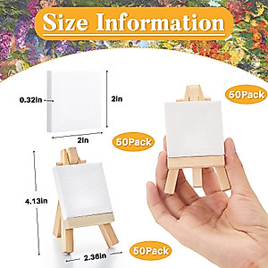 Colarr 2 x 2 Inch 50 pack Mini Canvas Easel Set Stretched Canvases for Painting Mini Canvas and Wood Display Easel with Smooth Back for Kids Beginners Painting Class Party Decoration Miniature Artwork