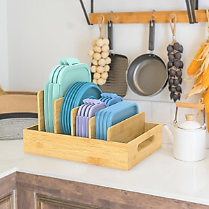 Retro Shaw Bamboo Food Container Lid Organizer for Cabinet & Drawer,Kitchen Cabinet Organizer with 5 Adjustable Dividers for Plastic Lid Storage and Holder,Fit for Kitchen,Home,RVs,Campers,Pantry etc