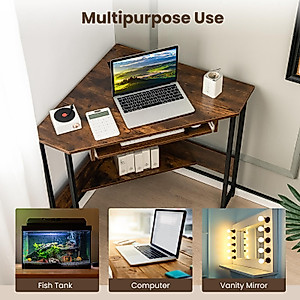 IFANNY Corner Computer Desk with Keyboard Tray, Wooden Triangle Desk w/Power Outlet & Storage Shelves, Rustic Corner Writing Desk, Small Corner Desks for Small Spaces