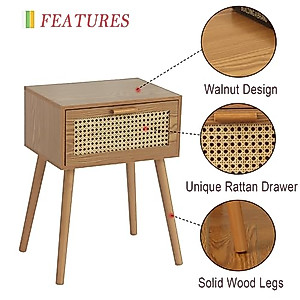 AWASEN Mid Century Nightstand, Rattan Side Table with Drawer, Modern Bedside Table with Storage and Solid Wood Legs for Living Room, Bedroom and Small Space (Brown)