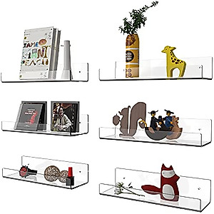 15 inch Clear Acrylic Floating Wall Ledge Shelf Display,6pcs Wall Mounted Nursery Kids Bookshelf Invisible Spice Rack, Bathroom Storage Shelves Display for Bedroom Office Toy Picture Ledge, 5MM Thick
