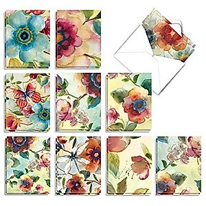 The Best Card Company - 20 Assorted Blank Plant Cards Boxed (4 x 5.12 Inch) (10 Designs, 2 Each) - Watercolor Botanicals AM3314OCB-B2x10