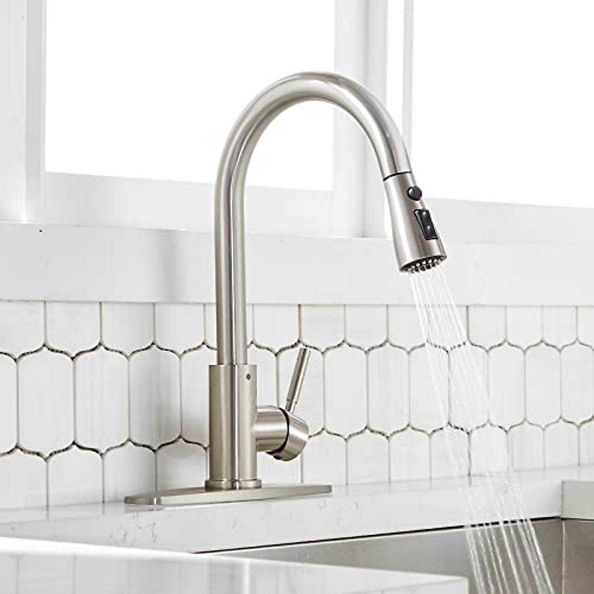 VAPSINT High Arc Single Handle Brushed Nickel Kitchen Faucet with Pull Down Sprayer,Commercial Modern Stainless Steel Kitchen Sink Faucet,Deck Mount Single Hole Pull Out Faucet for Kitchen Sink
