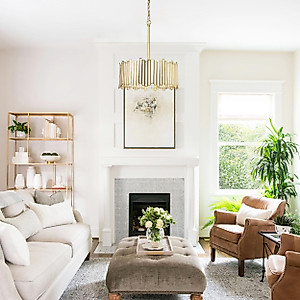 Wrlmfy Gold Drum Chandelier 4-Light, Modern Drum Pendant Lighting Fixture with Tiffany Glass Shade, 16” Round Ceiling Hanging Light for Bedroom Dining Room Kitchen Entryway Living Room (gold)