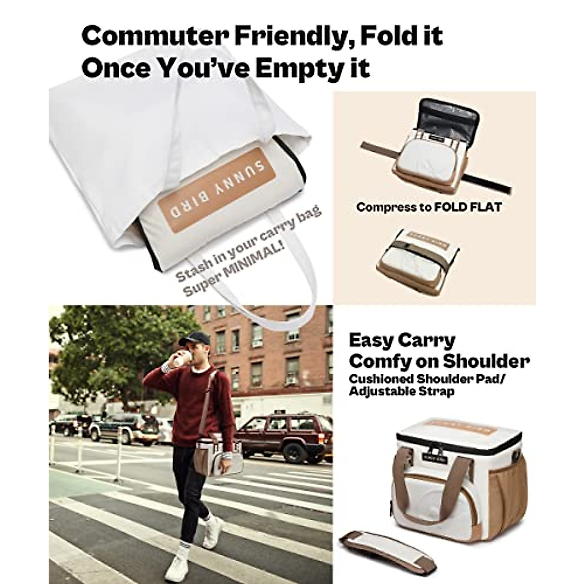 SUNNY BIRD 12L Large Insulated Lunch Bag, Leakproof and Foldable Lunch Cooler Box for Women Adult and Men, Fits 18 Cans (Ivory White 01)