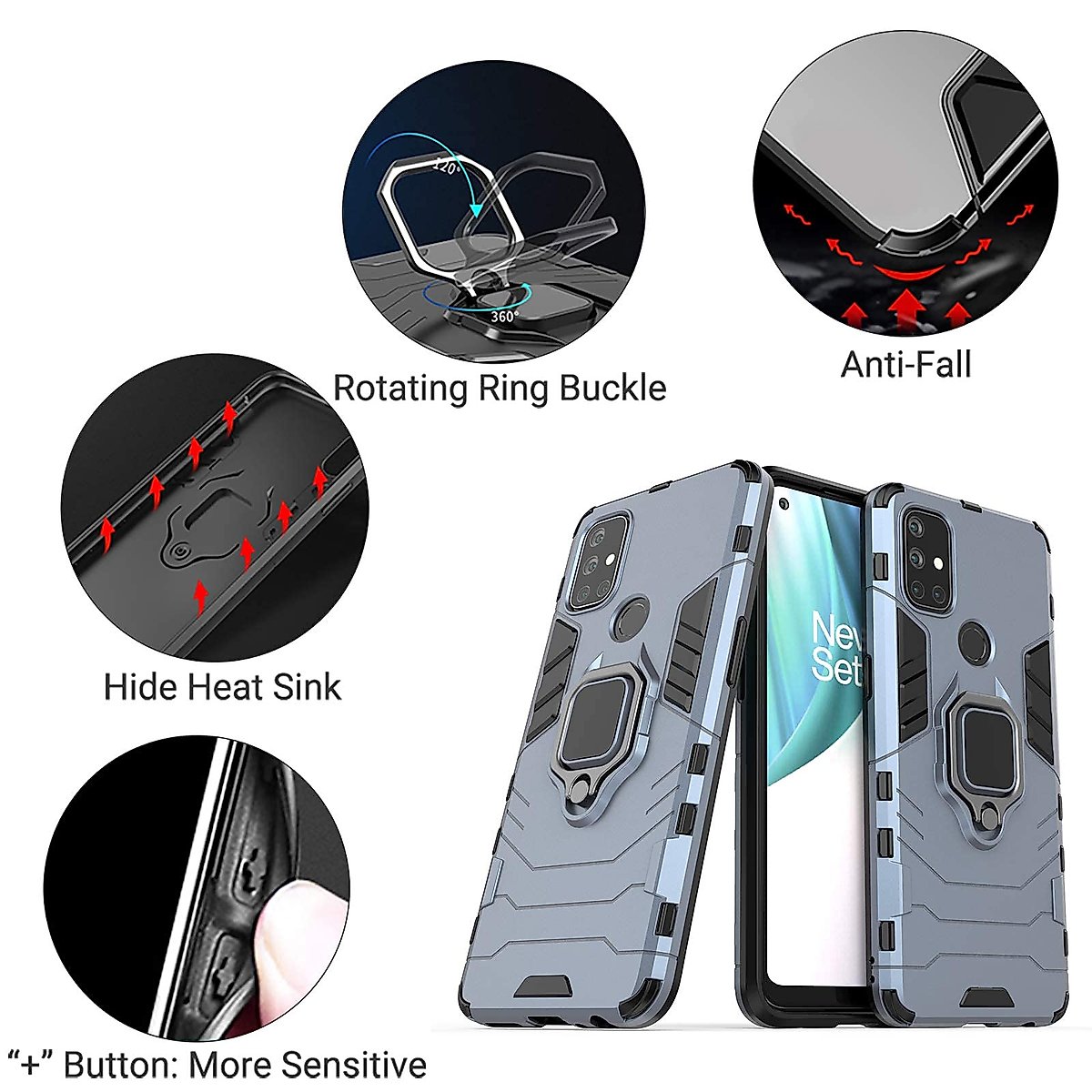 Jusy 3p Oneplus Nord N10 5G Case & Tempered Glass Screen Protector & Camera Protector for 1+ Nord N10, Protective Case with Rotate Holder Kickstand and Magnetic Plate for Oneplus Nord N10 (Navy)